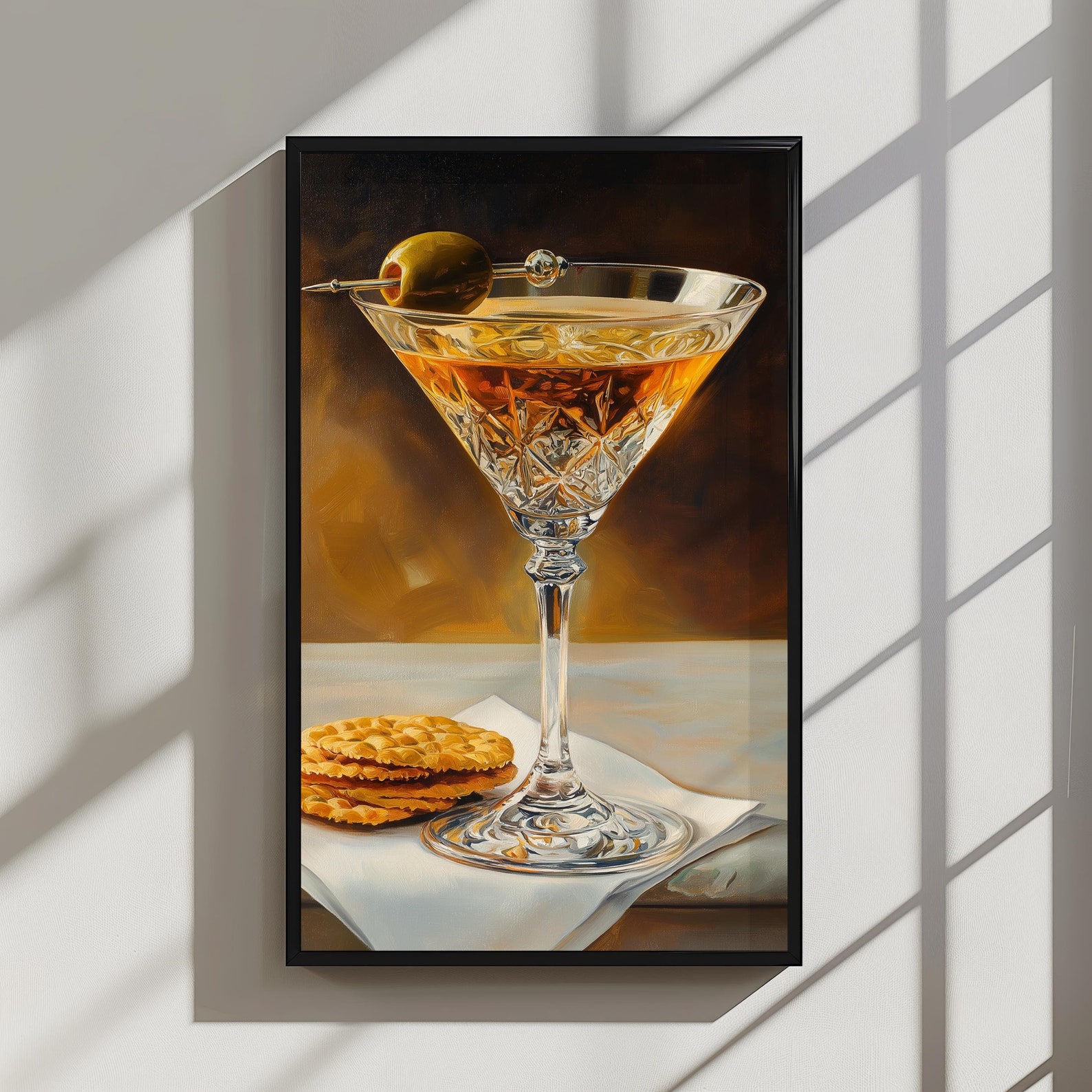 Dirty Martini and Cheese Crackers With Olive on Napkin Elegant Oil ...