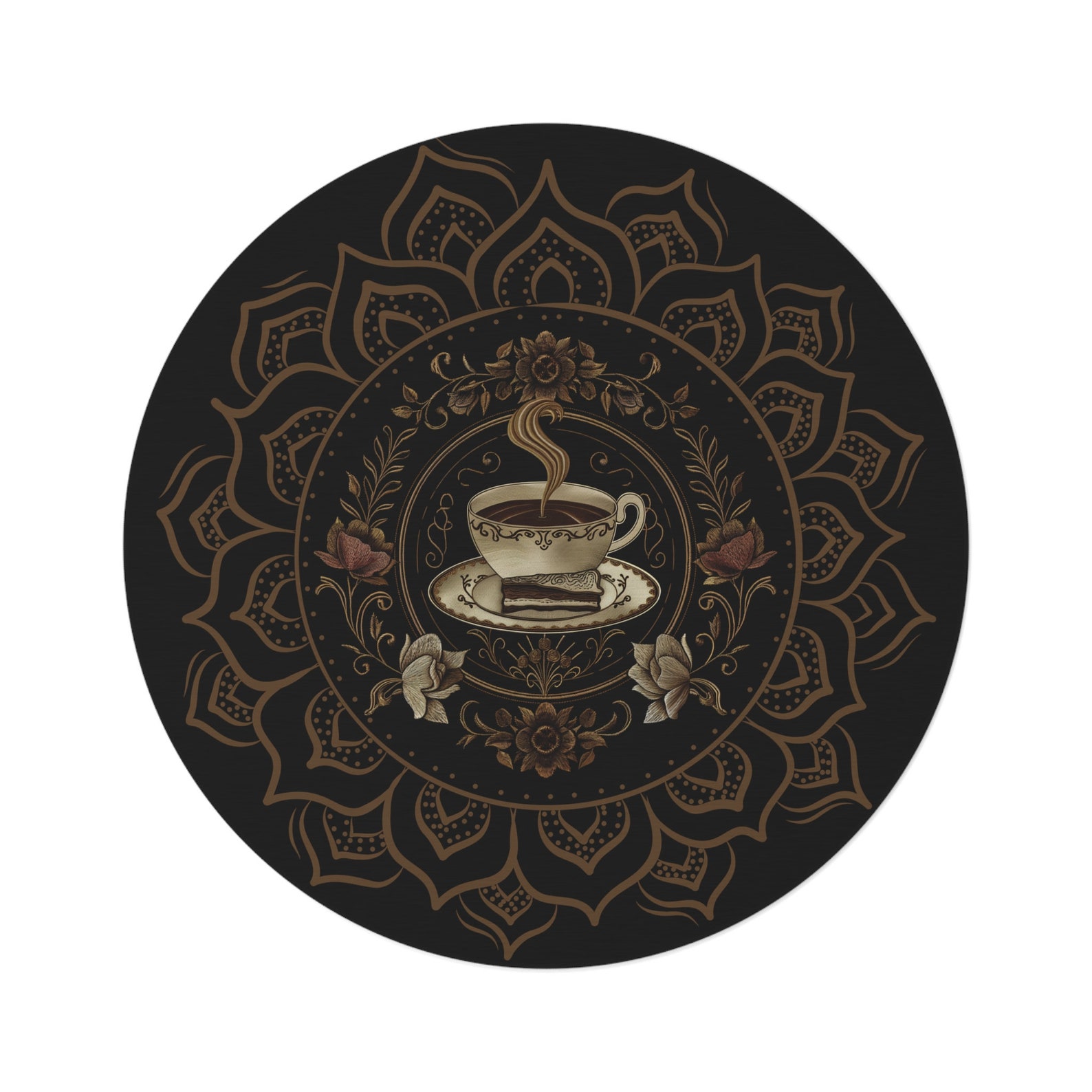 Dark Floral Coffee Shop Round Rug, Flowers and Java Home Decor, Coffee ...