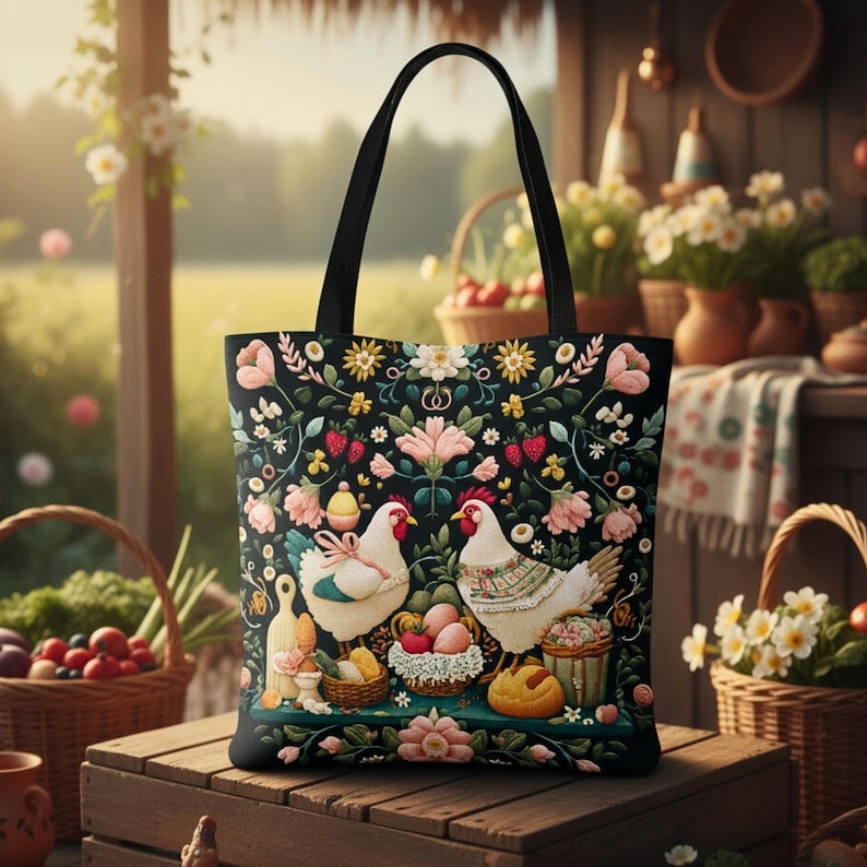 Rustic Cottagecore Folk Art Coquette Chickens Farmhouse Market Tote Bag ...