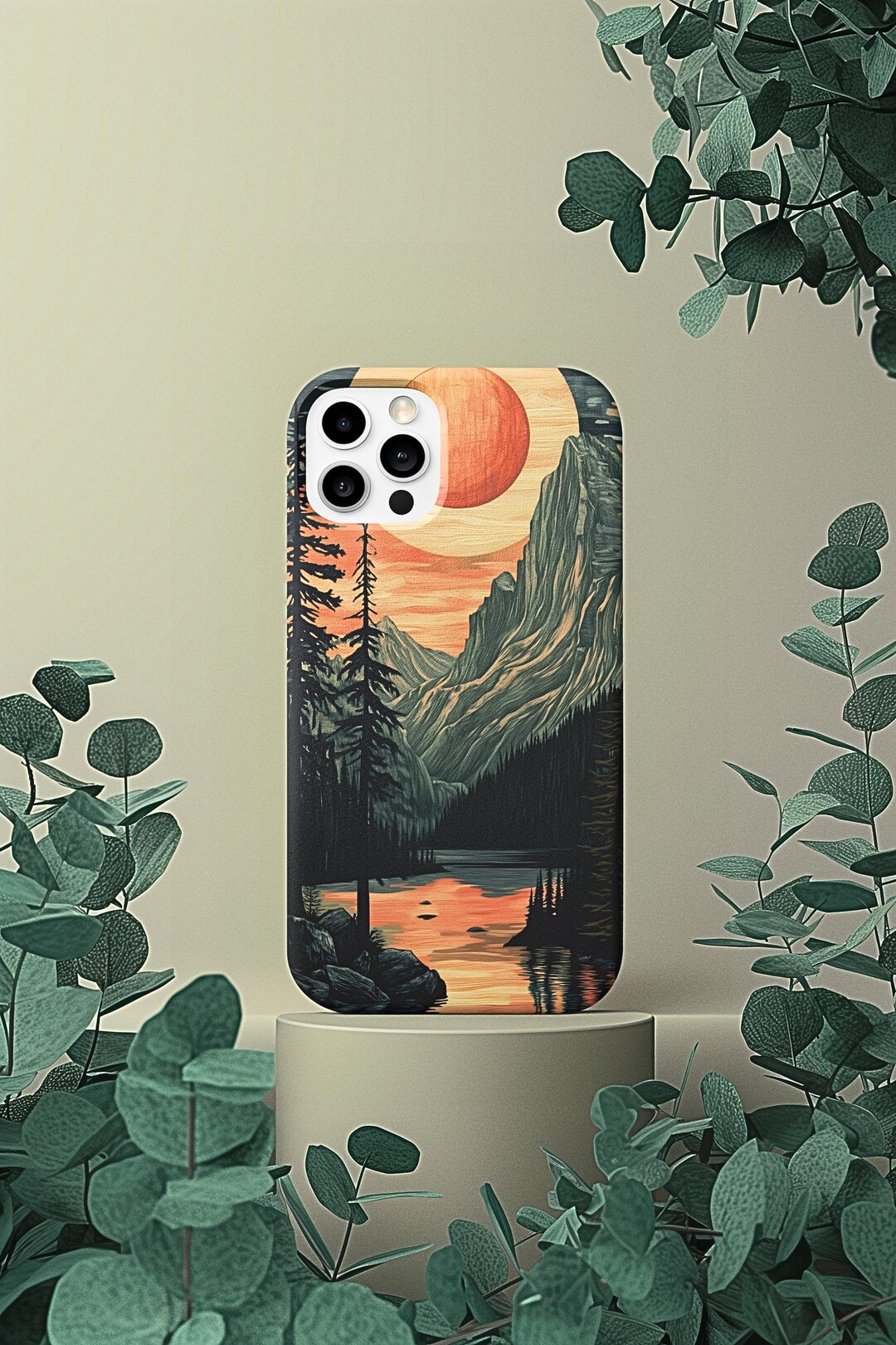 Rustic Faux Wood Mountains River Sunset Phone Case, 3D Carved Forest ...
