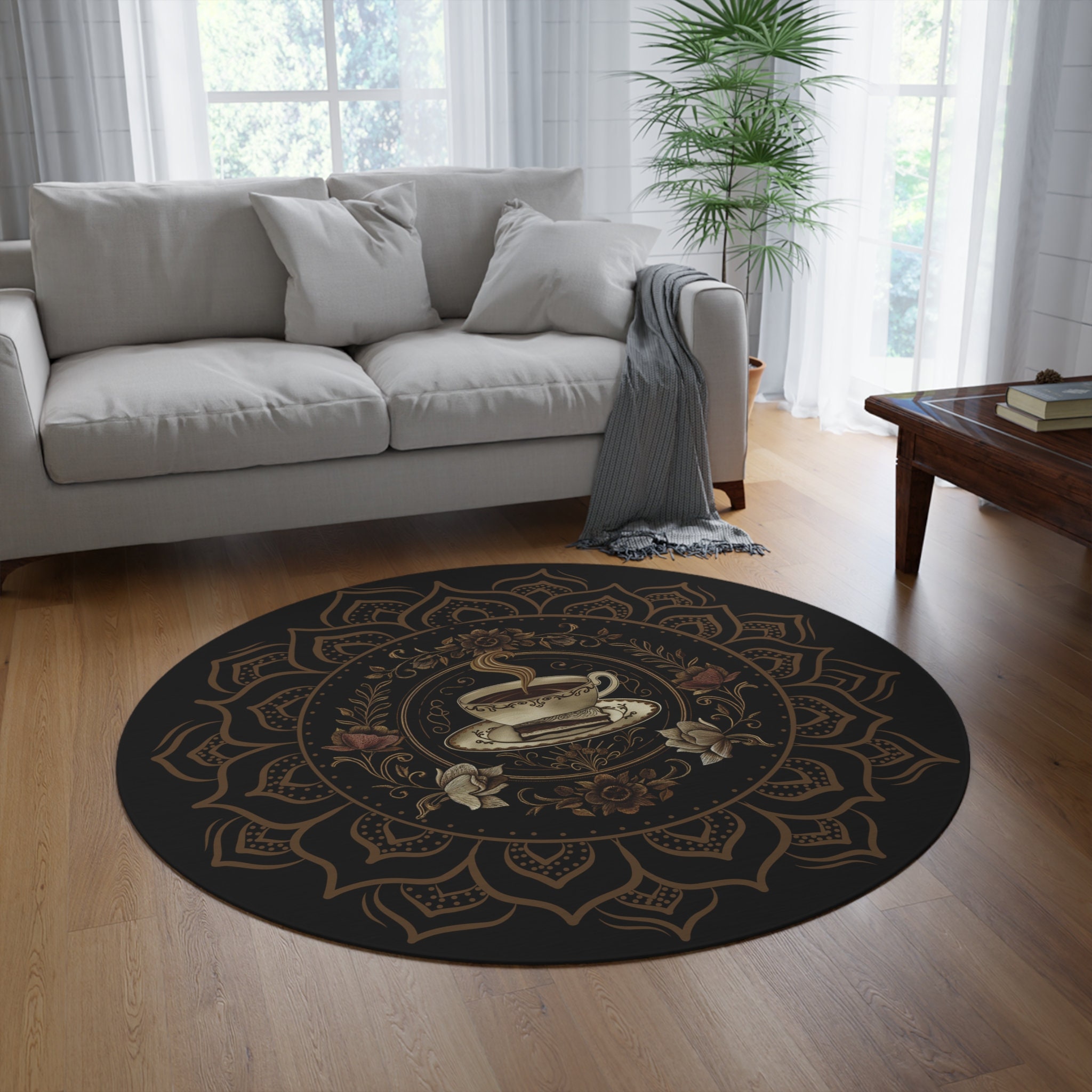 Dark Floral Coffee Shop Round Rug, Flowers and Java Home Decor, Coffee ...