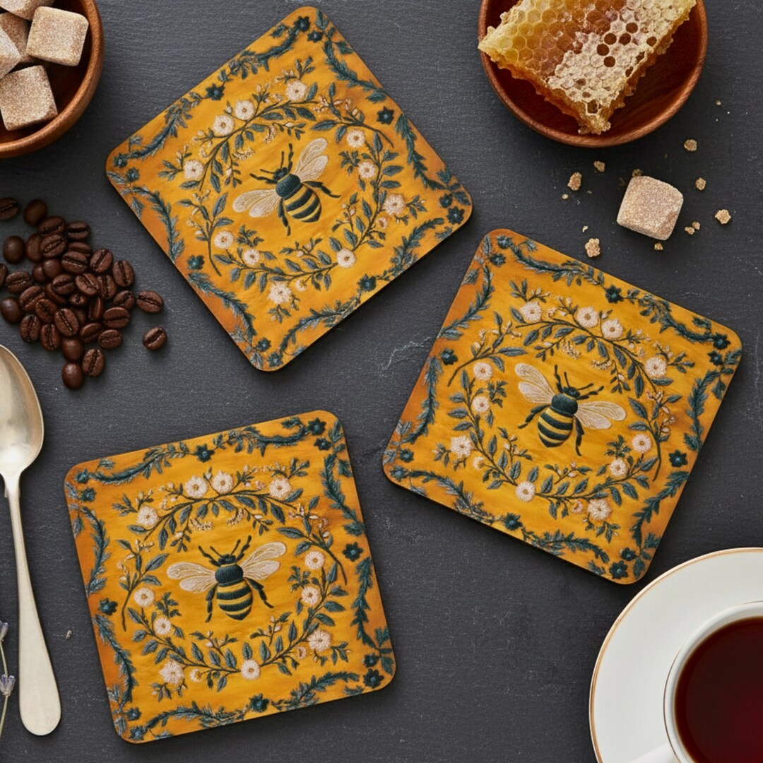 Dark Cottagecore Floral Bee Coaster Set, Rustic Boho Honeybee Kitchen ...