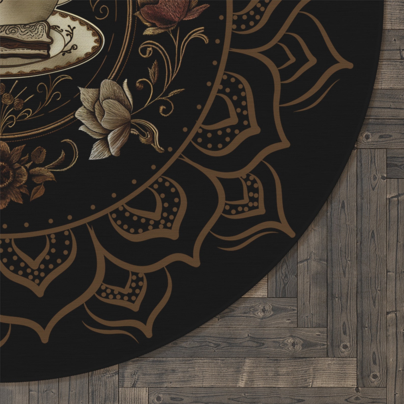 Dark Floral Coffee Shop Round Rug, Flowers and Java Home Decor, Coffee ...