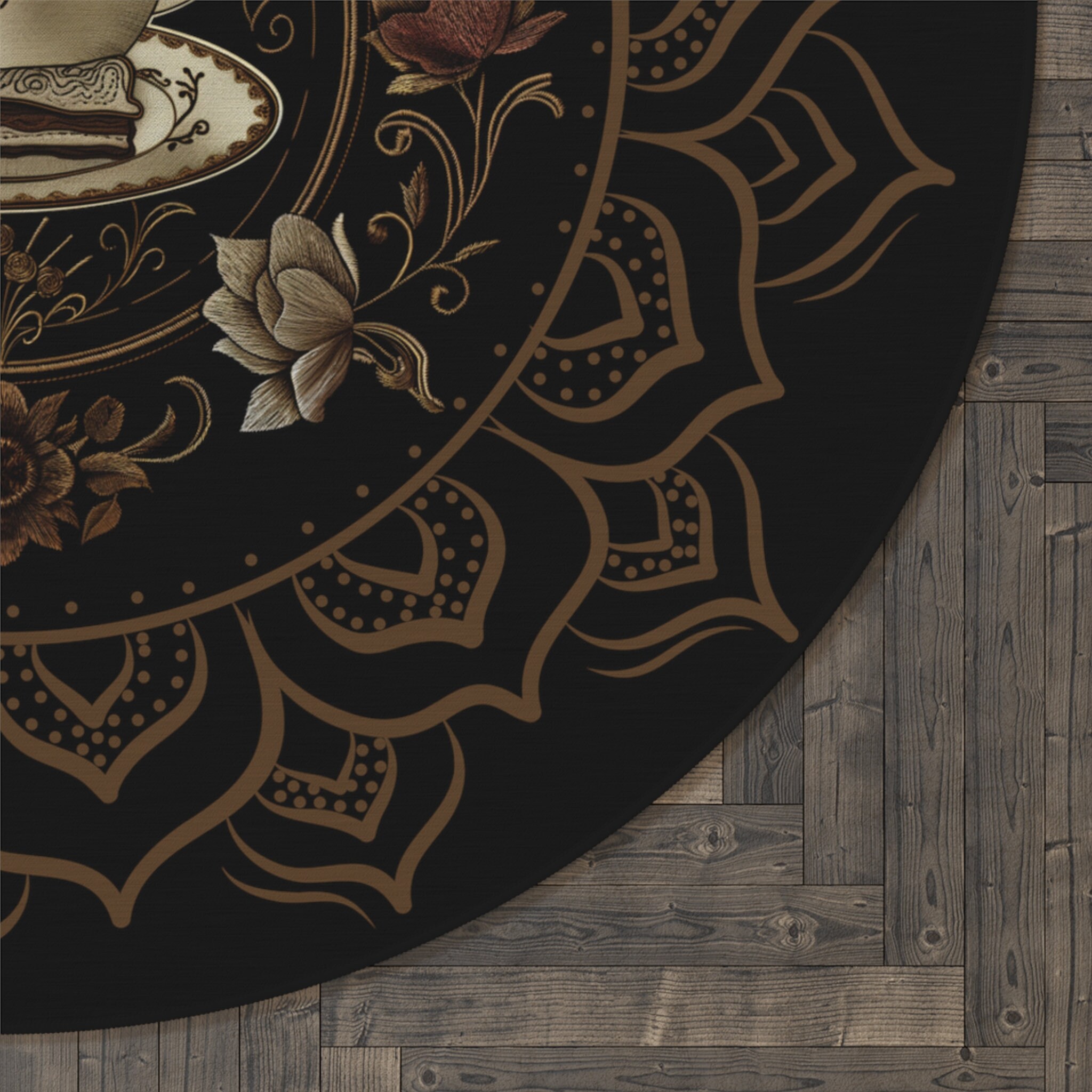 Dark Floral Coffee Shop Round Rug, Flowers and Java Home Decor, Coffee ...