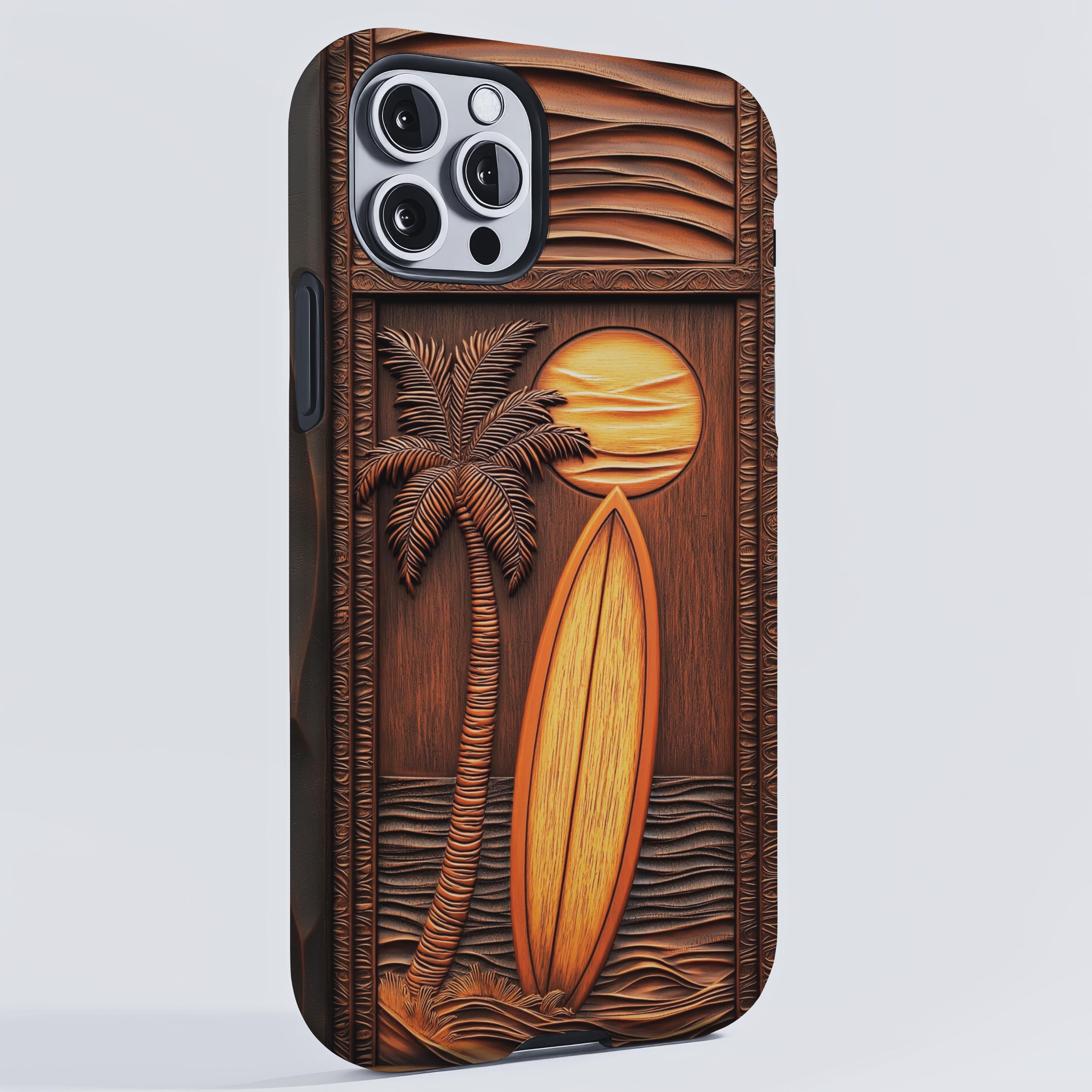 Faux Carved Wood Island Luxe Surf Sunset Phone Case, Tropical Beach ...