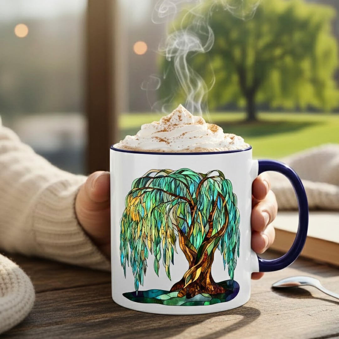 Faux Stained Glass Weeping Willow Tree Mug, Artistic Nature Coffee Cup ...