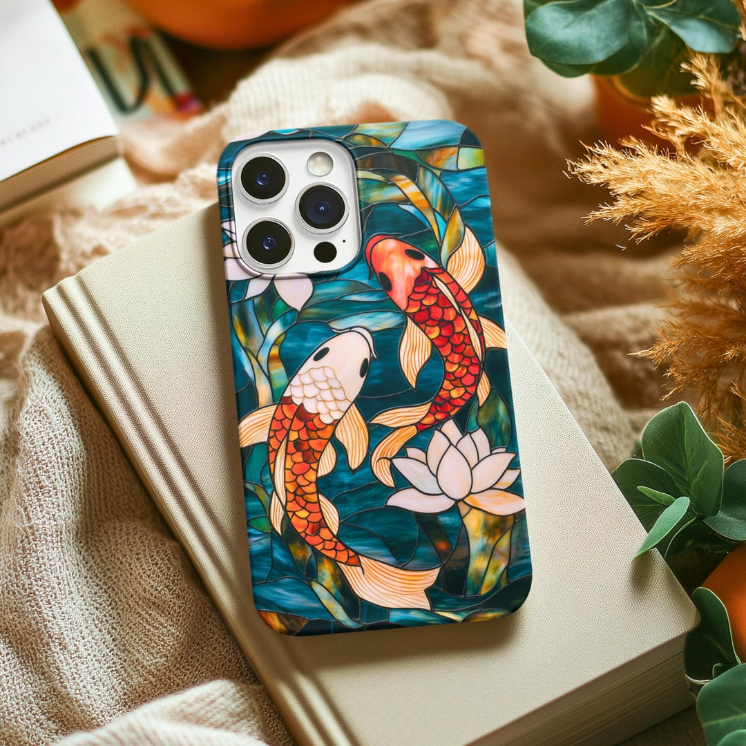 Stained Glass Koi Fish Phone Case, Japanese Floral Nature Aquatic Zen ...