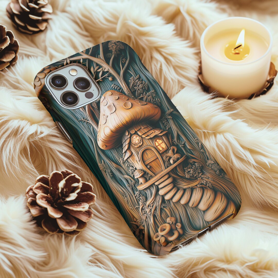 Carved Wood 3D Cottagecore Mushroom Phone Case, Whimsical Forest Core ...