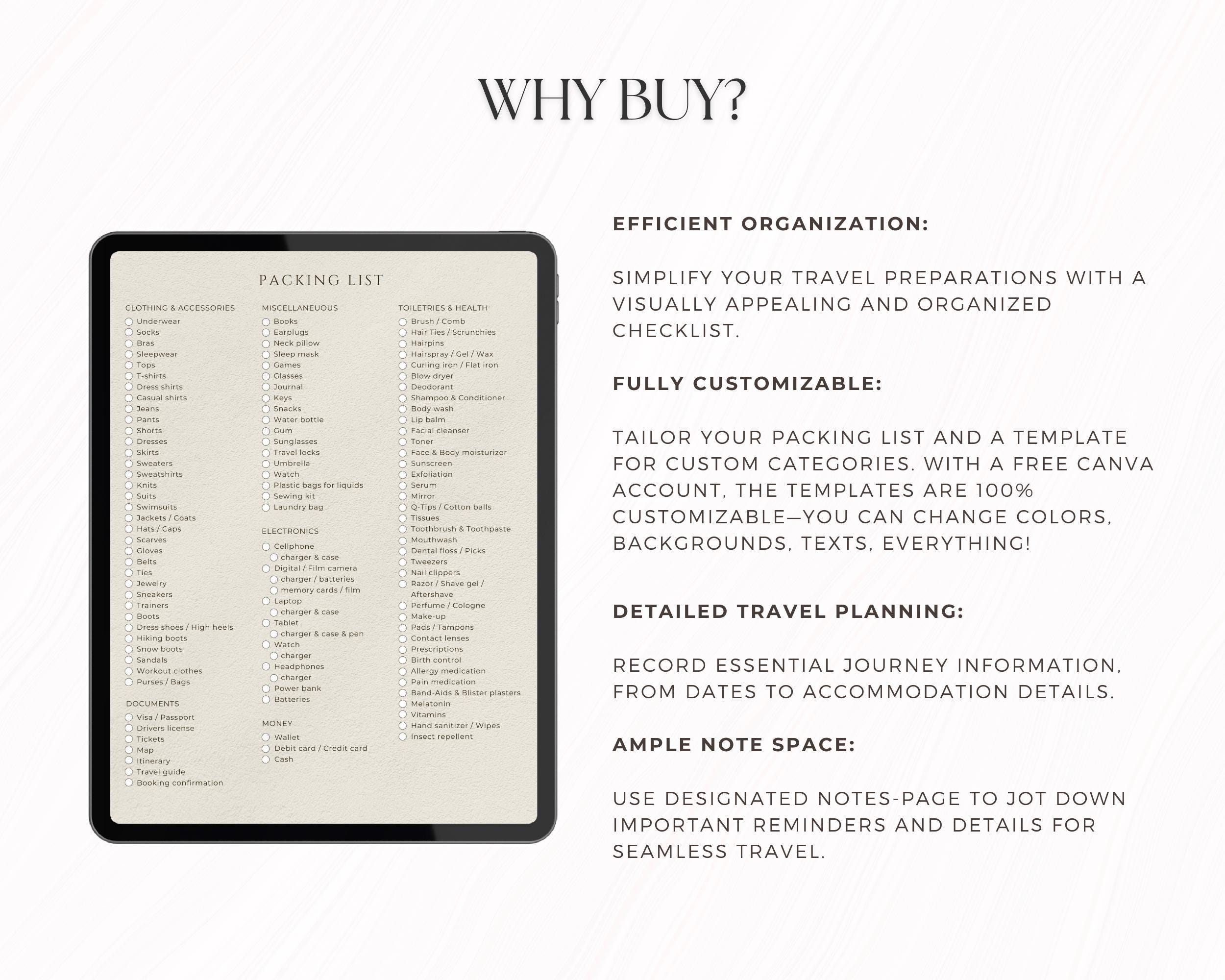 Editable Travel Packing List | Canva Packing List Bundle | Vacation ...