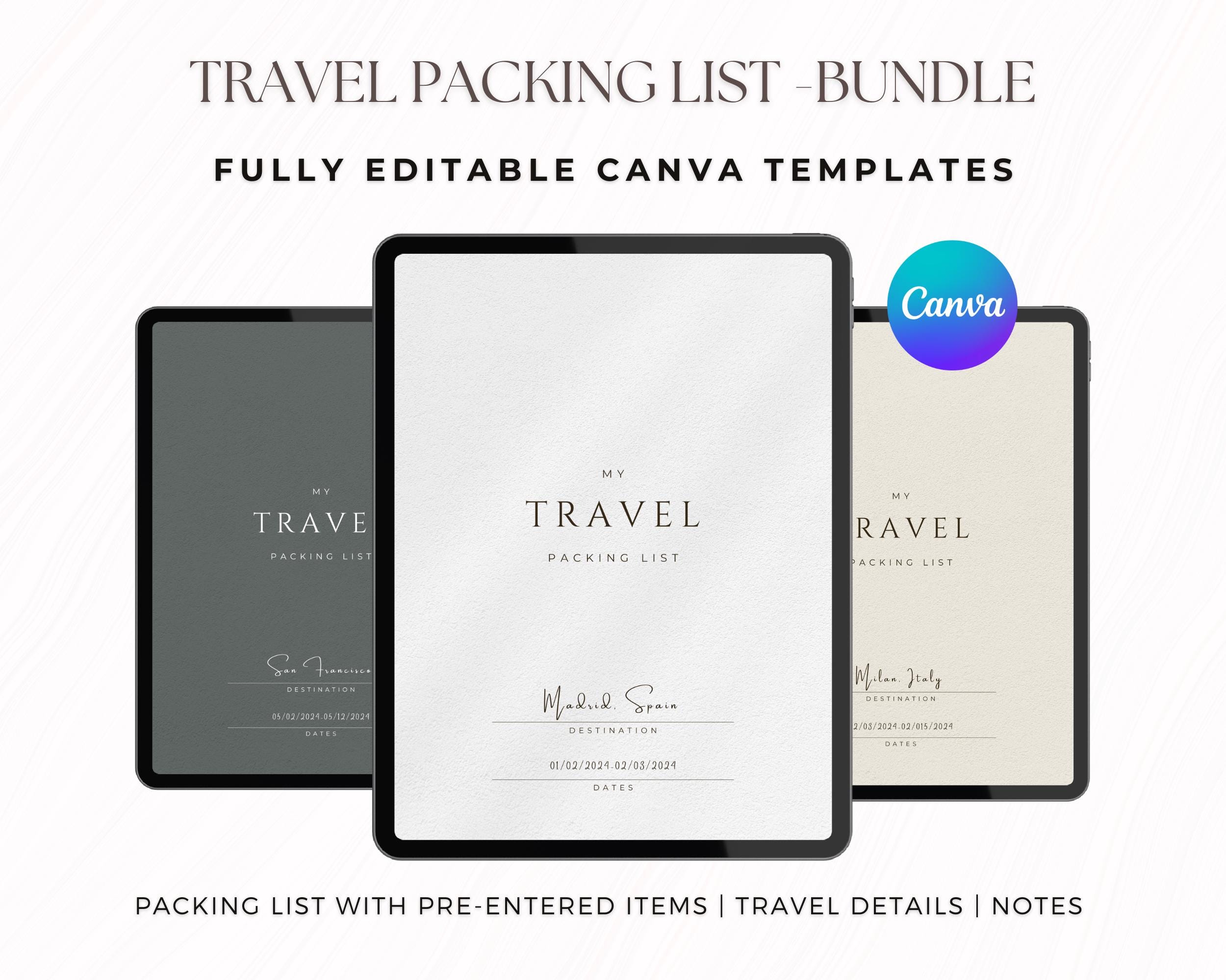 Editable Travel Packing List | Canva Packing List Bundle | Vacation ...