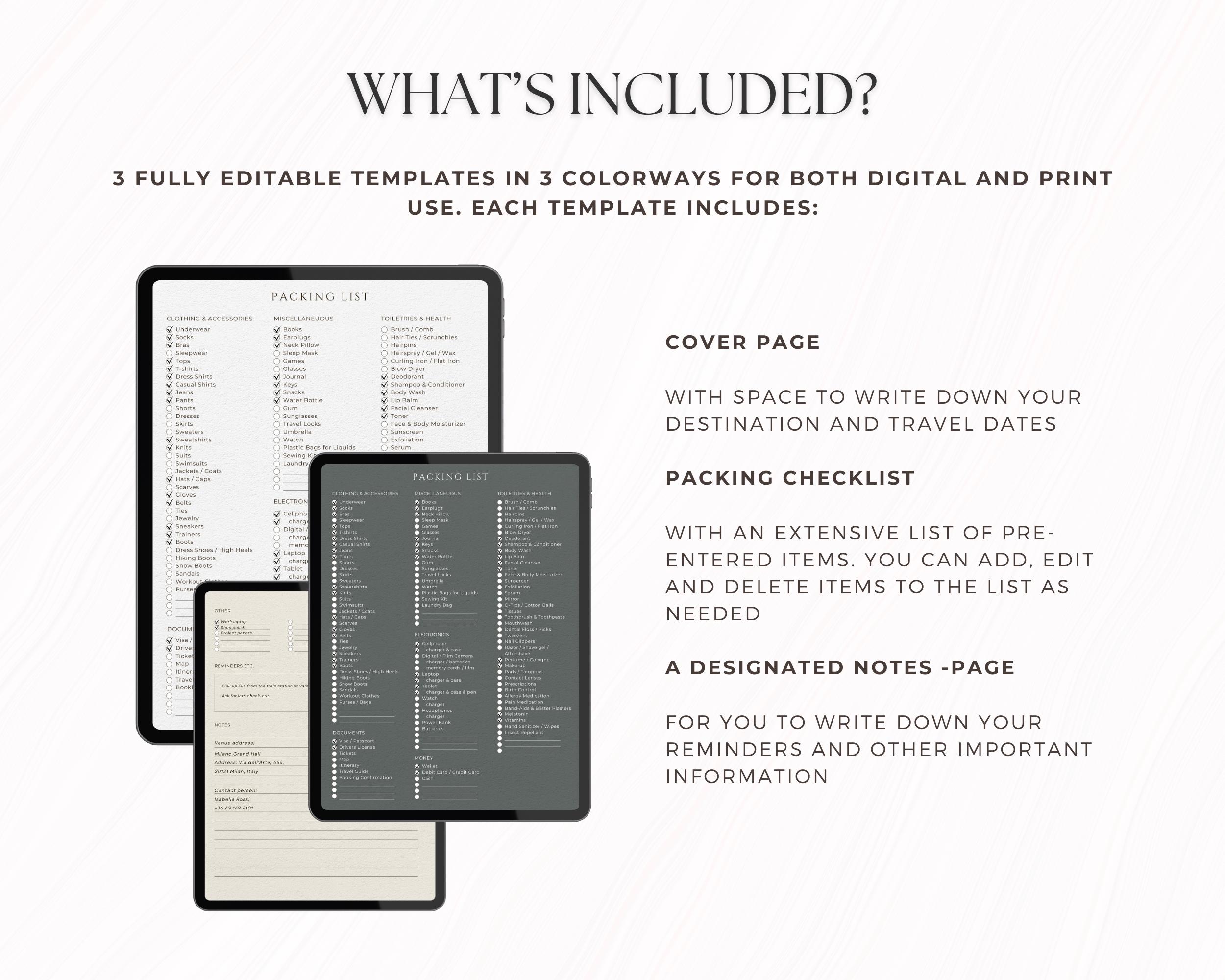 Editable Travel Packing List | Canva Packing List Bundle | Vacation ...