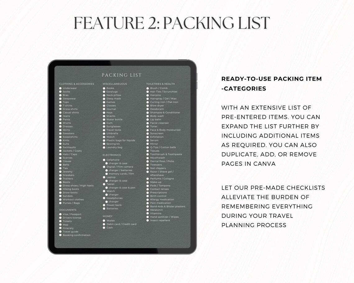 Editable Travel Packing List | Canva Packing List Bundle | Vacation ...