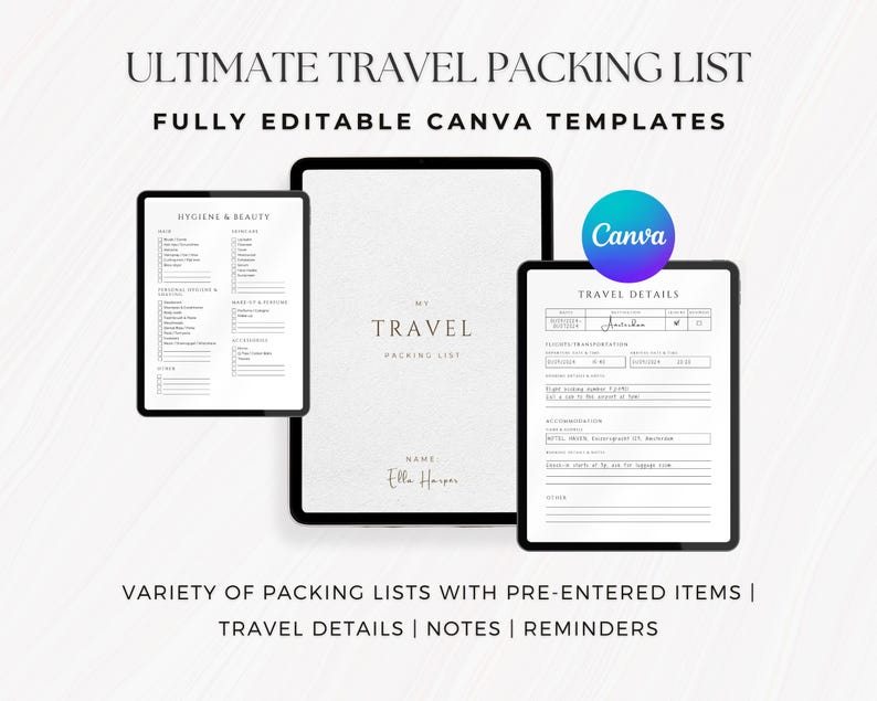 Editable Travel Packing List | Canva Packing List | Vacation Packing ...