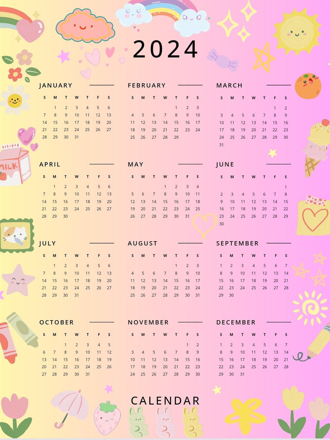 Cute Pink 2024 Calendar - Etsy