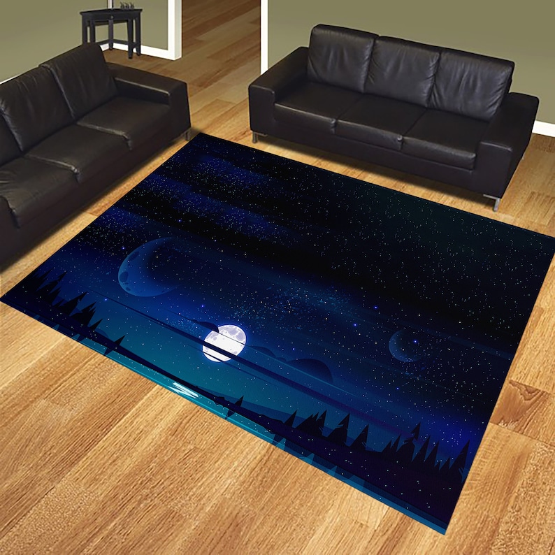 Cartoon Rug, Moon Rug, Moon Sky Rug, Stars Rug, Night Landscape Rug ...
