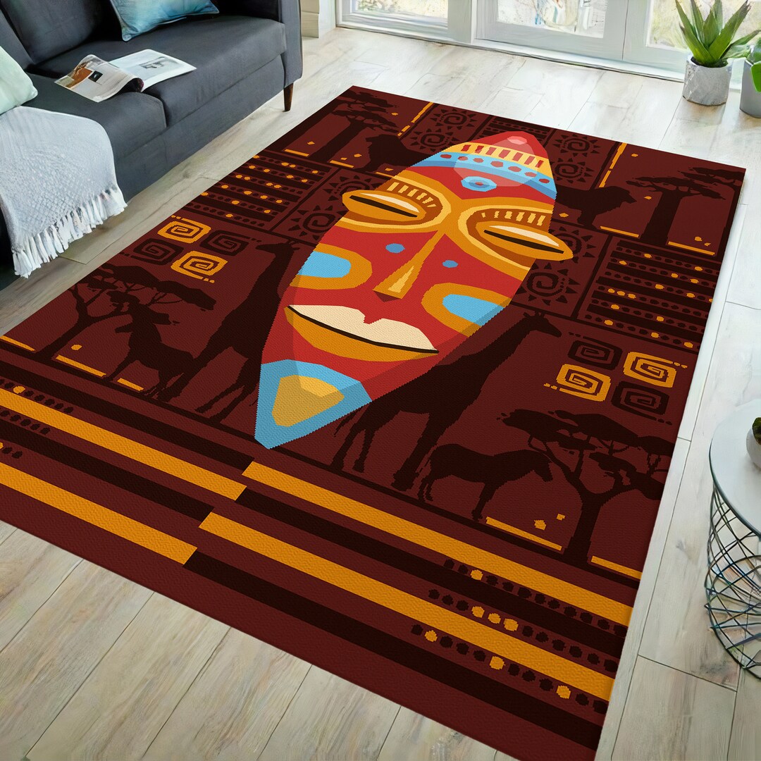 Africa Themed Rug, Mask Figurine Rug, Abstract Rug, Modern Rug, Living ...