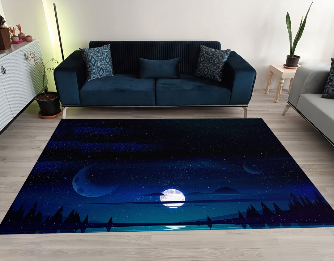 Cartoon Rug, Moon Rug, Moon Sky Rug, Stars Rug, Night Landscape Rug ...
