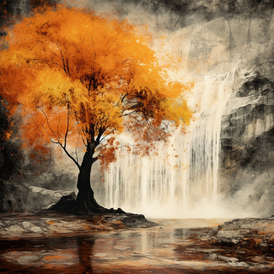 Autumn Tree Next to Waterfall - Etsy