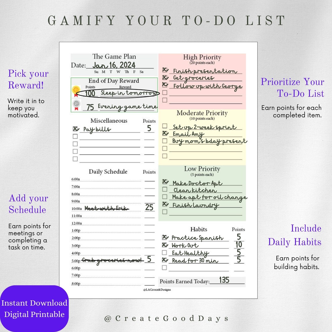 Gamify Your To-do List, Motivating Fun Rewards, Productivity Tracker Point System, Gamify Life ...