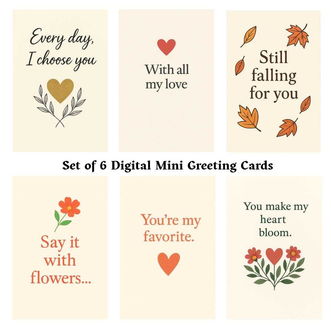 Set of 6 Digital Mini Greeting Cards – “petals & Promises” Collection ...
