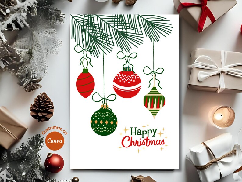 Retro Christmas Baubles Card Template With Photo - Editable in Canva ...