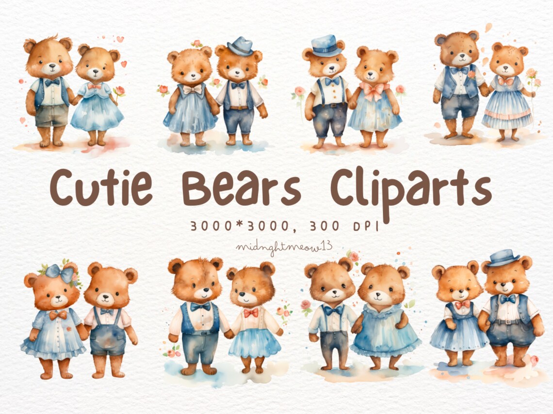 Cutie Bears Clipart, Love Bear Clipart, Bear Clipart, Water Color Bear ...