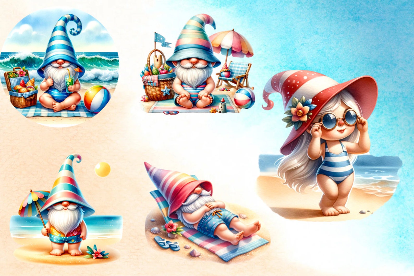 Summer Gnome, Gnome on the Beach, Gnome Clipart, Summer Clipart, Beach ...