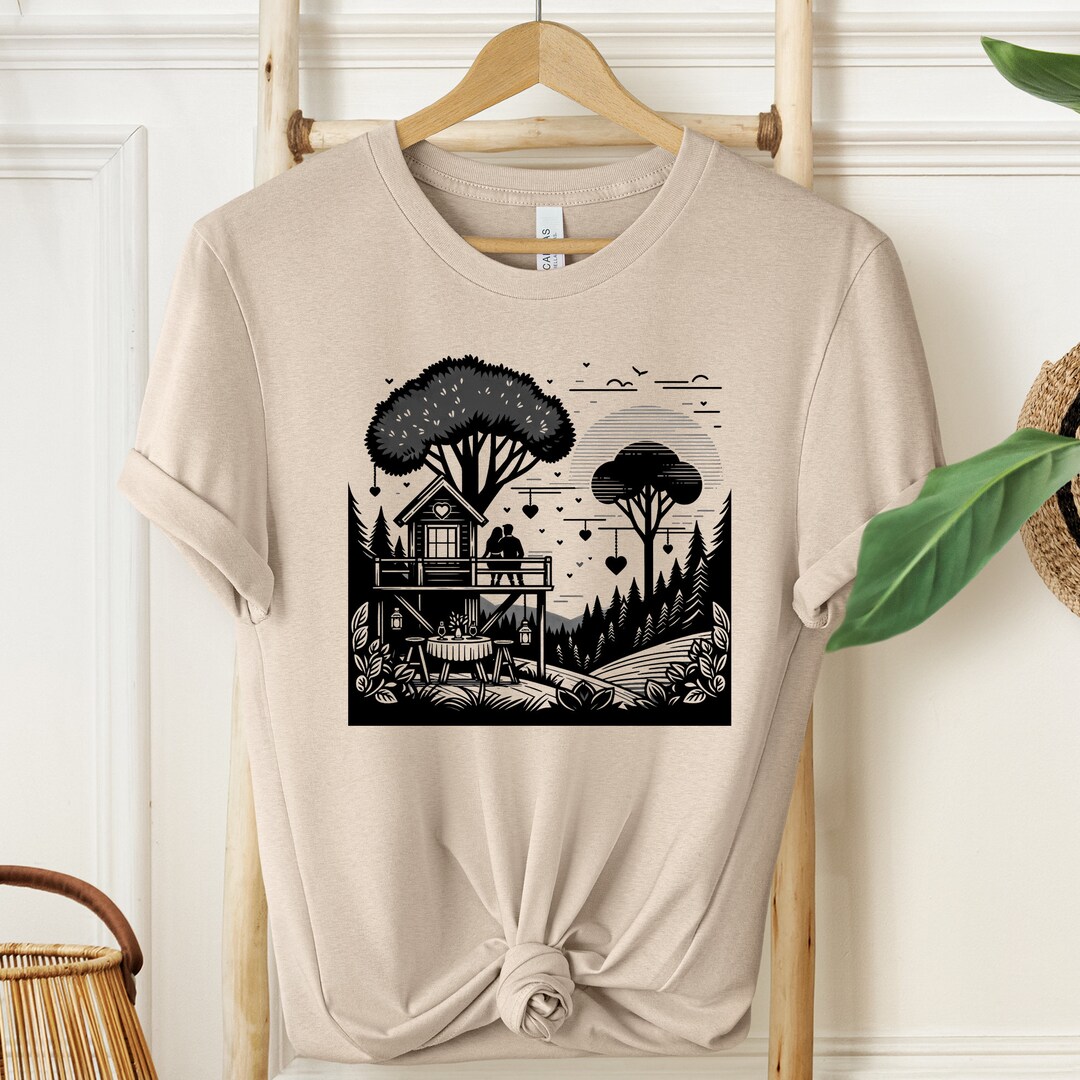 Valentine's Day Love Treehouse Graphic T-shirt, Romantic Nature Scene ...