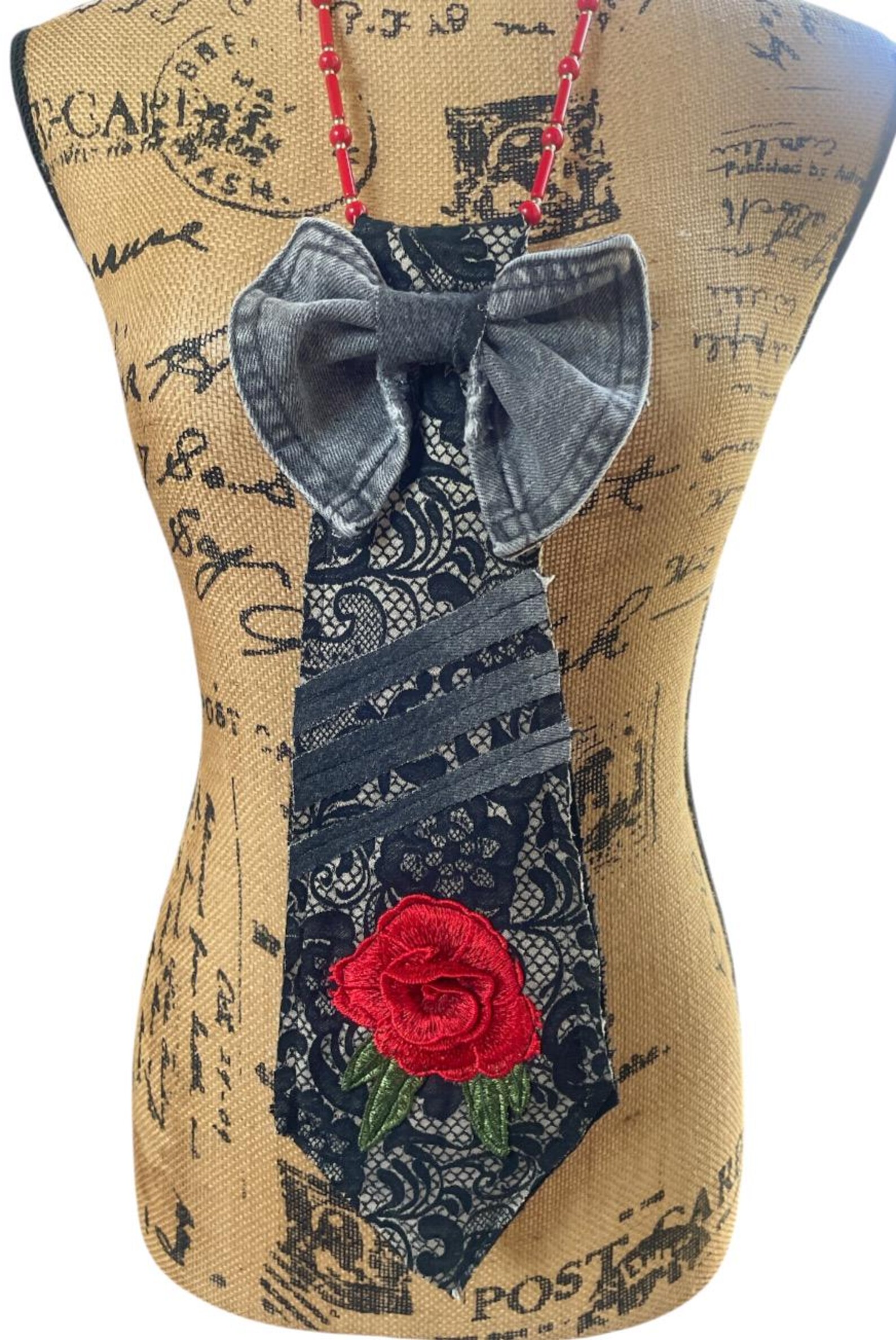 Lace and Denim Necktie Necklace, Fabric Necktie,bowtie Rose Junk Tie ...