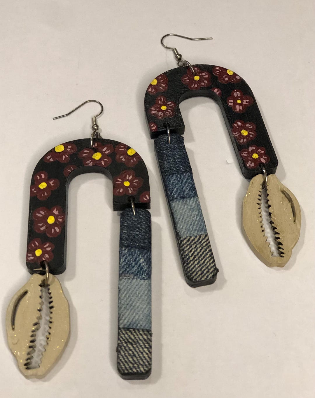Boomerang Cowrie Shell Denim Patchwork Earrings, Floral Handpainted ...