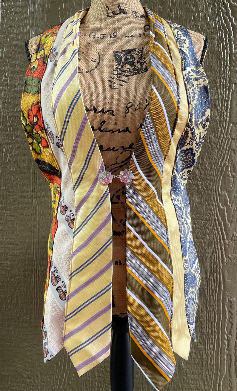 Yellow Tones Necktie Vest, Upcycled Tie Tunic, Vibrant Stripes, Back ...