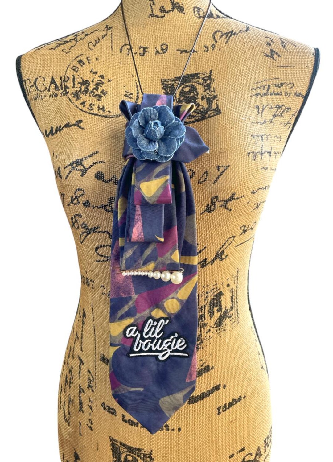 A Lil Bougie Necktie Necklace, Denim Rose, Vintage Repurposed Upcycled ...