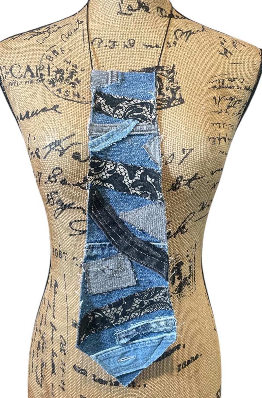 Necktie Repurposed Denim Lace Junk Tie Necklace, Adjustable Cord - Etsy
