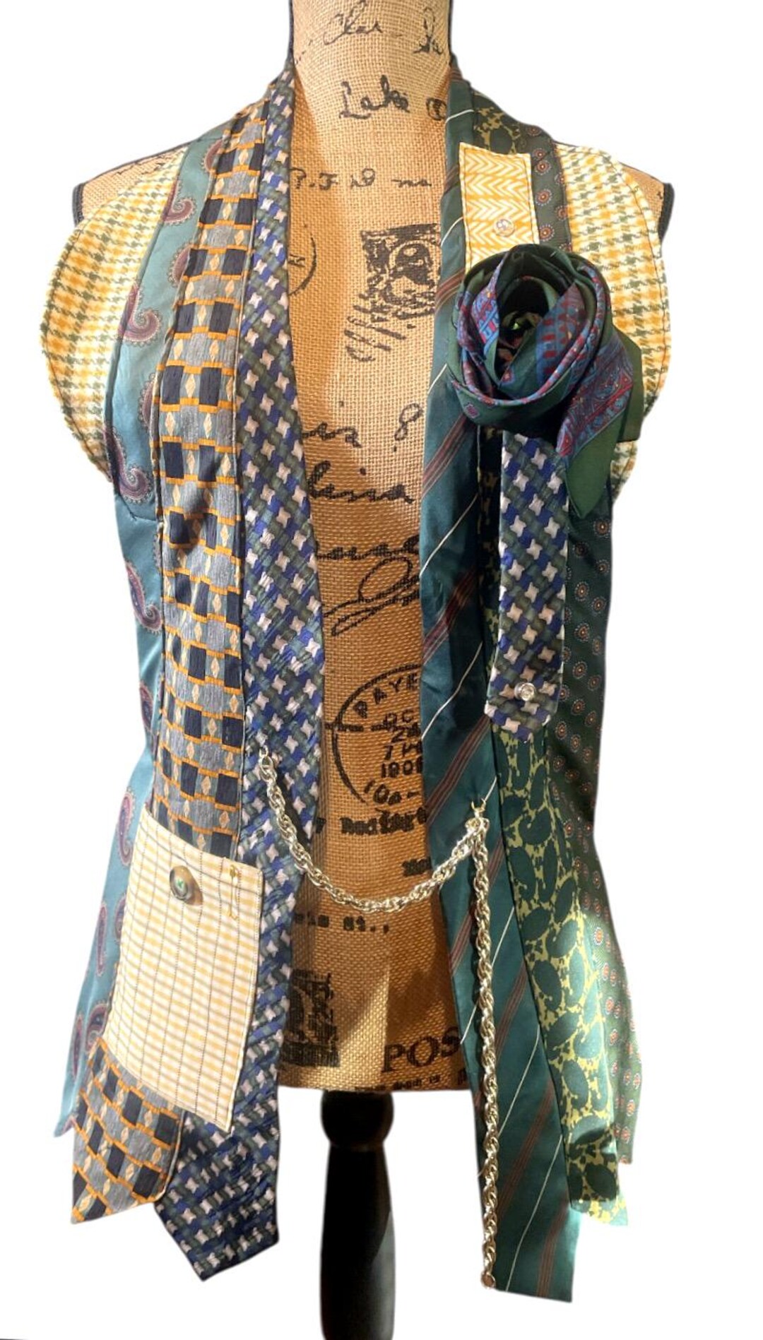 Upcycled Necktie Vest, Green Yellow Silk, Back Bow Tie - Etsy