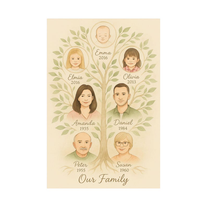 Custom Family Tree Portrait With Illustrated Faces – Personalized ...