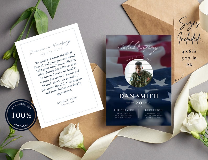 Editable Funeral Invite & E-vite | Patriotic | Veteran | Canva Template ...
