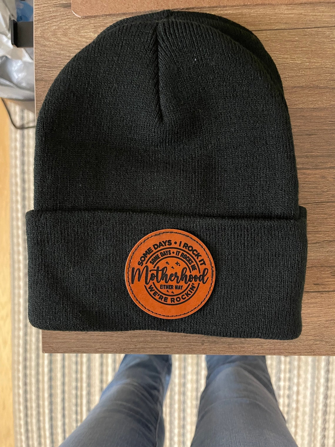 Custom Leather Patch Beanie, Personalized Logo, Text or Image, Winter Hat, Laser Engraved for ...