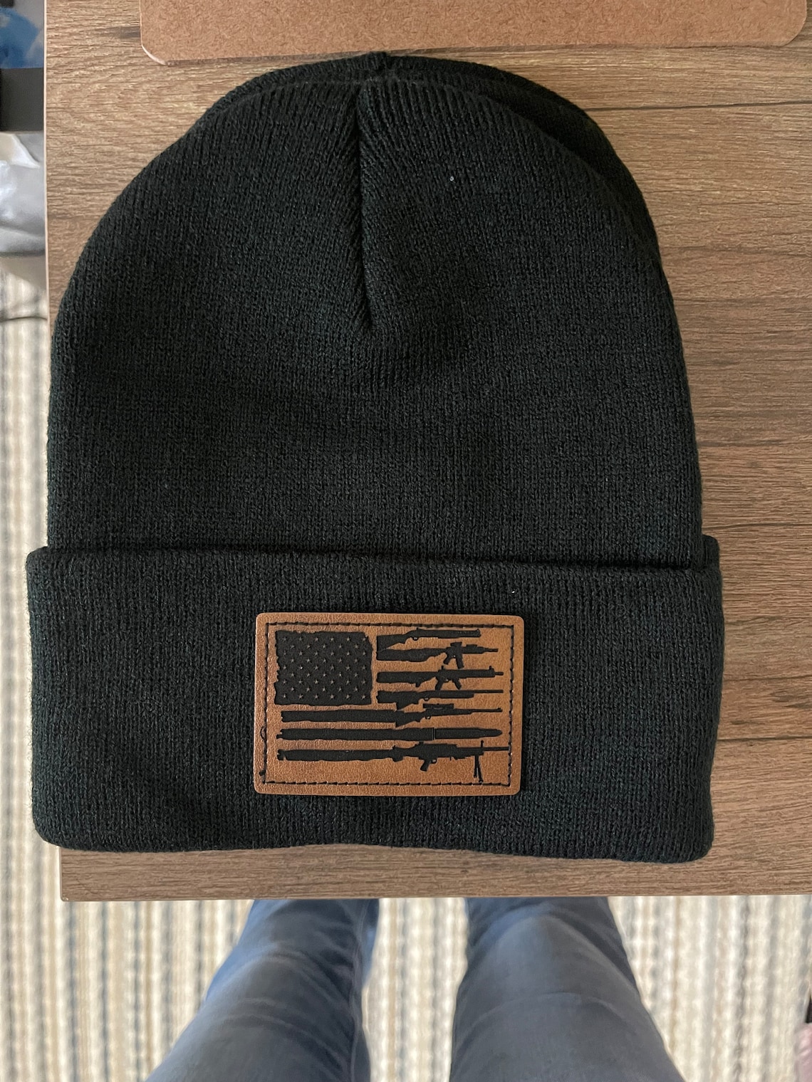 Custom Leather Patch Beanie, Personalized Logo, Text or Image, Winter Hat, Laser Engraved for ...