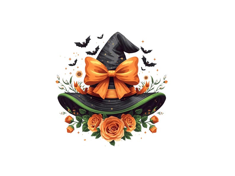 Elegant Witch Hat Clipart: Black and Orange Glam Halloween PNG (digital ...