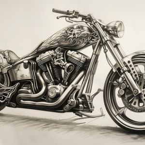Printable Painting of a Charcoal Drawing of a Chopper Motorcycle With a ...