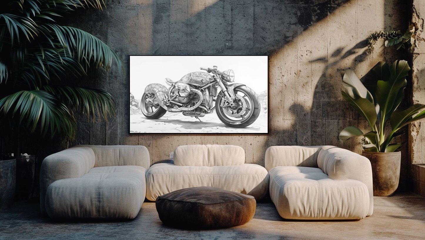 Printable Painting of a Black and White Charcoal Drawing of a BMW Ninet ...