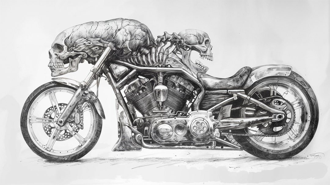 Printable Charcoal Drawing of a Chopper Motorcycle With a Human Skull ...
