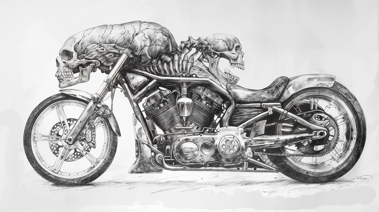 Printable Charcoal Drawing of a Chopper Motorcycle With a Human Skull ...