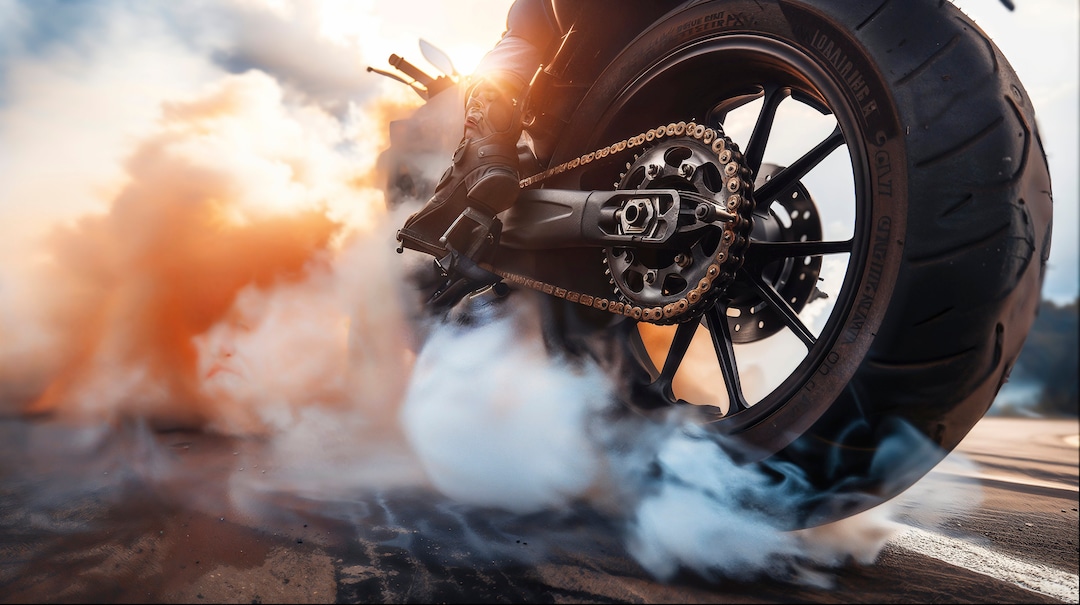 Printable Picture of the Rear Wheel of a Sports Motorcycle, Burning ...