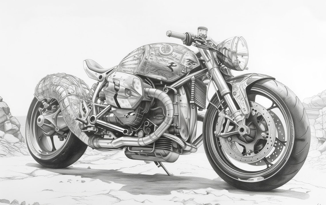 Printable Picture of a Black and White Charcoal Drawing of a BMW Ninet ...