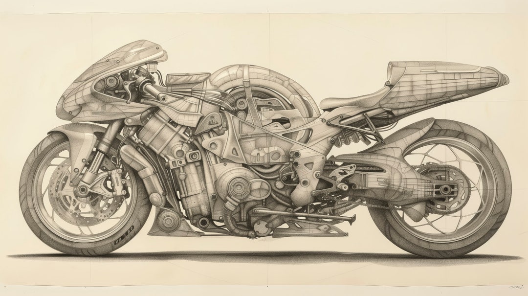 Printable Sepia Charcoal Drawing of a Prototype Sports Motorcycle - Etsy