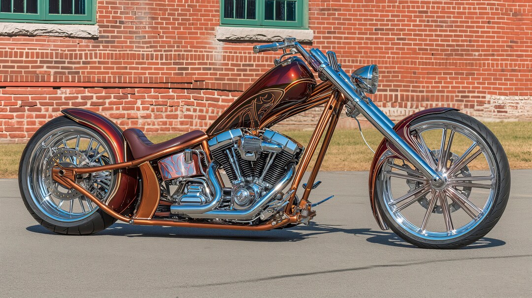 Printable Picture of a Chopper-type Motorcycle Posing With a Red Brick ...