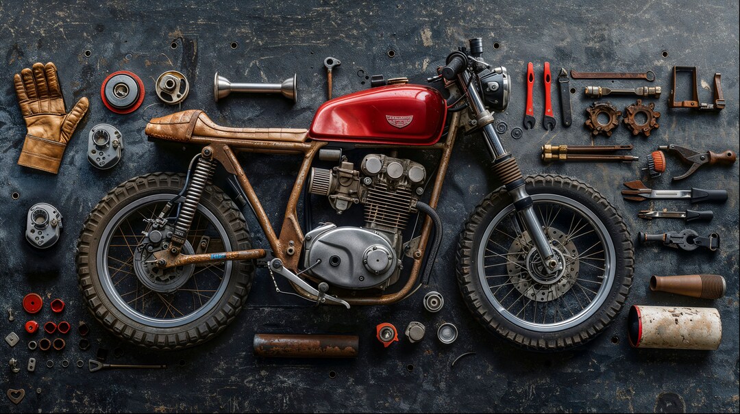 Printable Illustration of a Vintage Motorcycle Mechanic With a Red Tank ...
