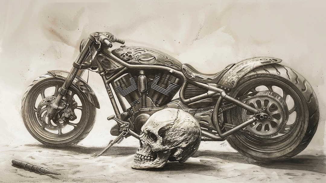 Printable Picture of a Charcoal Drawing of a Chopper Motorcycle With a ...