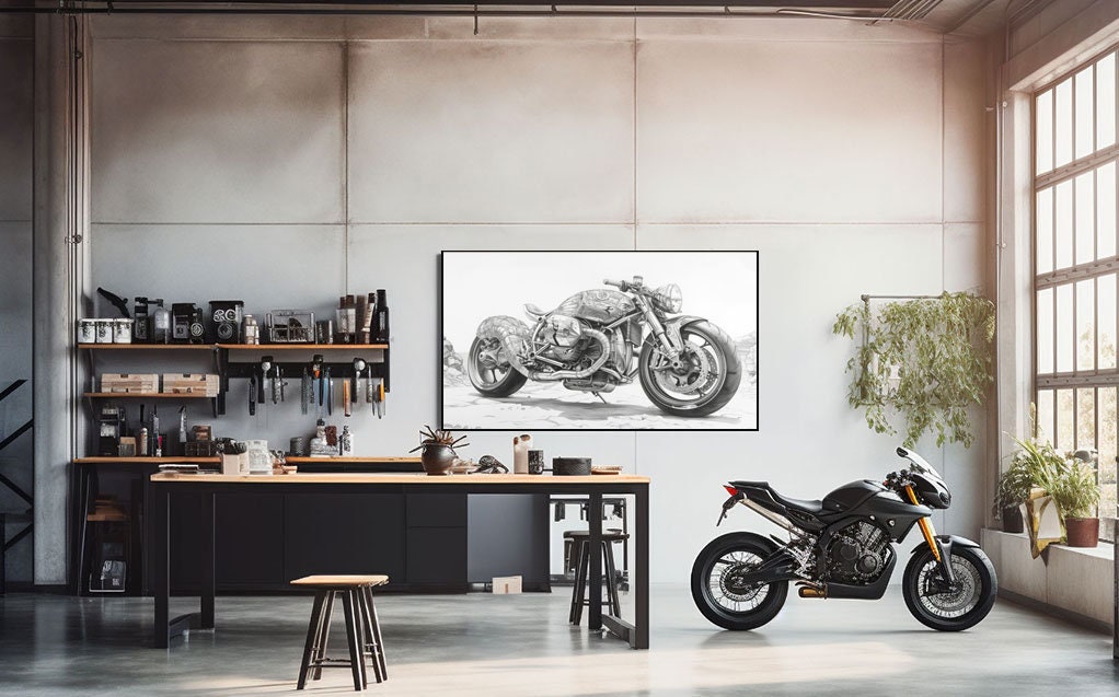 Printable Picture of a Black and White Charcoal Drawing of a BMW Ninet ...